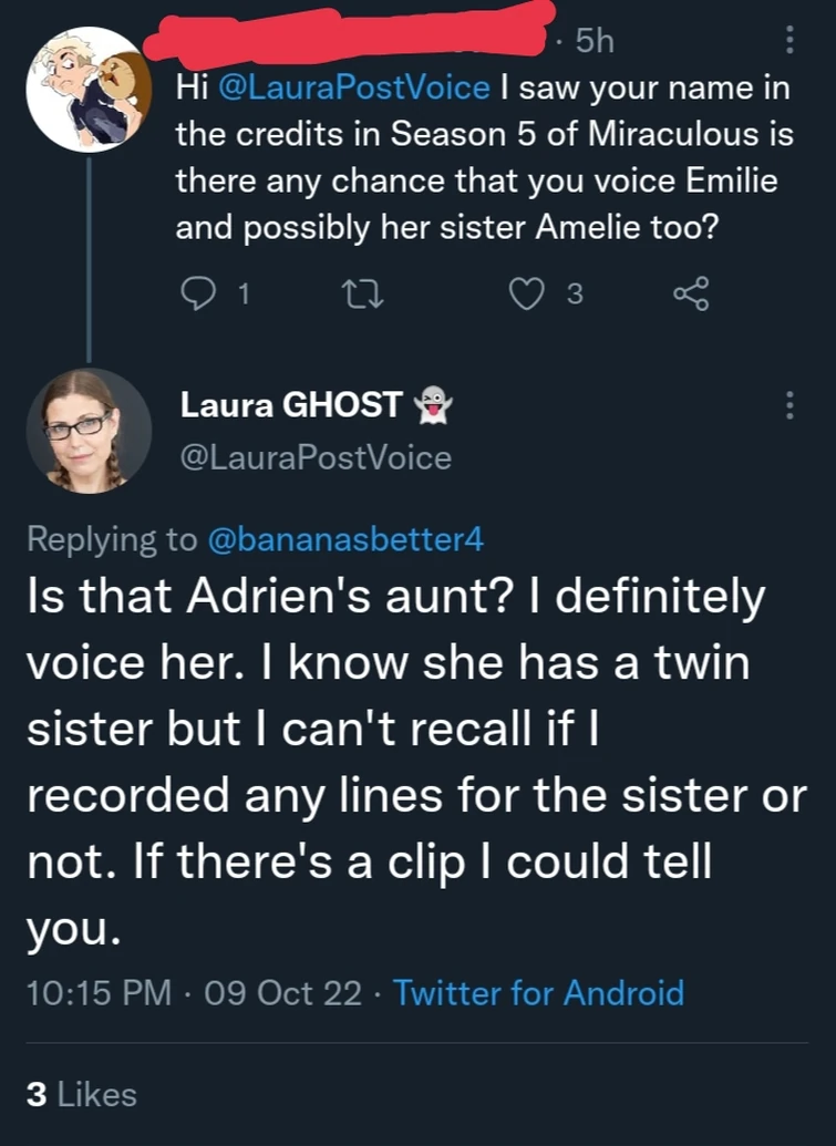 So I ask a question to Laura Post if she voiced Emilie and/or Amelie and here's the answer | Fandom
