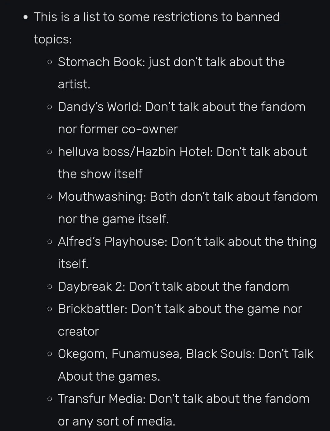 Insane banned topics list | Fandom