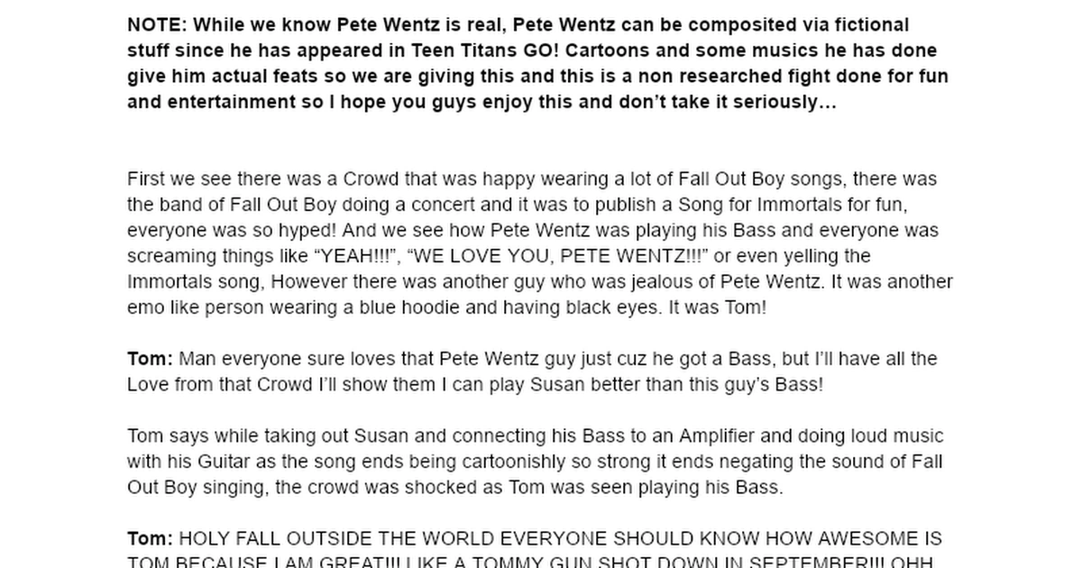 Tom VS Pete Wentz Script Finished | Fandom