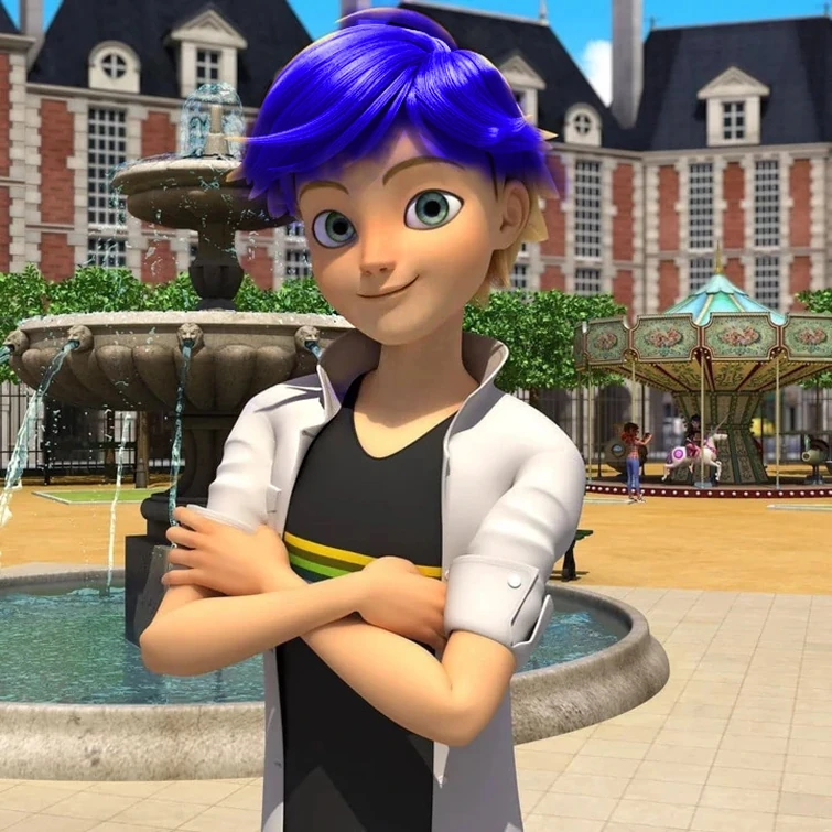 Adrien with blue hair and blue eyes and Marinette with blonde hair and ...
