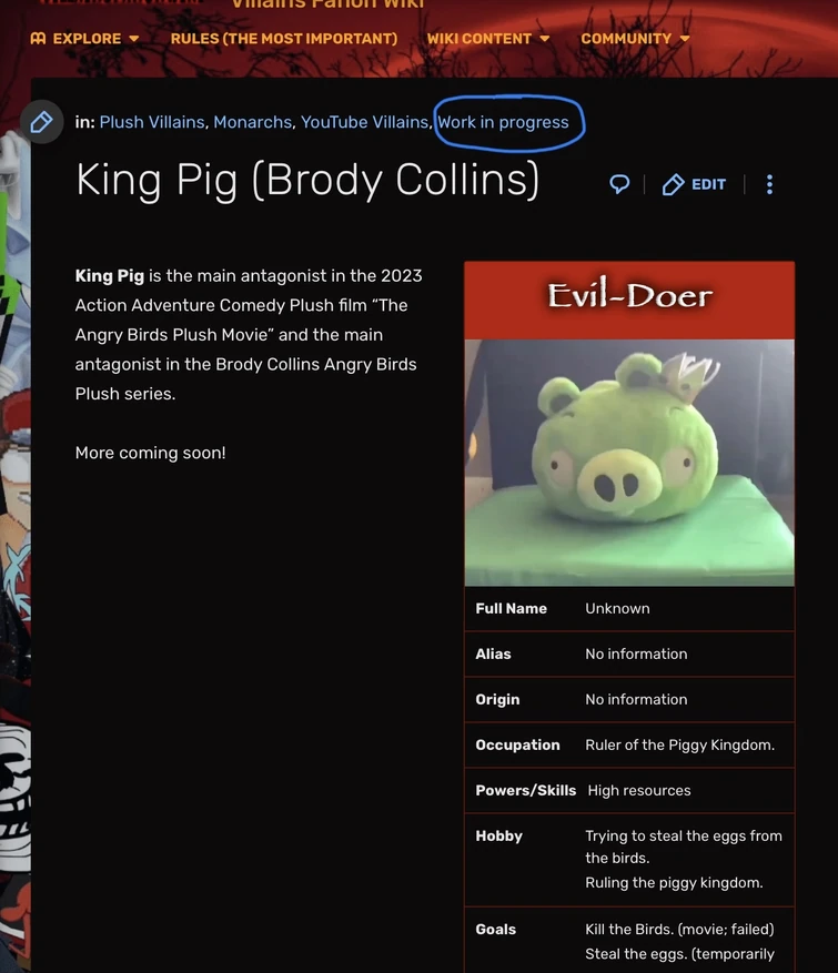 Could a mod/admin try and remove the “work in progress” category for me on this page? | Fandom