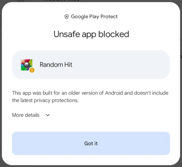 I got this warning message "Unsafe app blocked" when I install Random Hit | Fandom