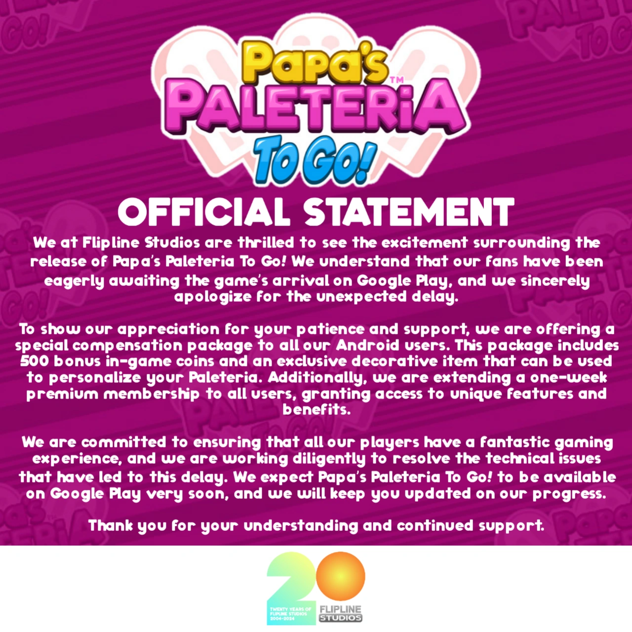 Statement regarding compensation for delayed Papa's Paleteria To Go ...