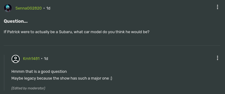 Patrick Subaru's car model confirmed. | Fandom