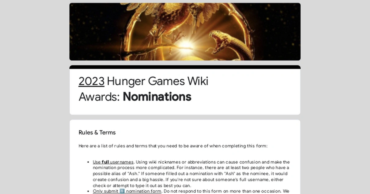 Announcement & Information: 2023 HUNGER GAMES WIKI AWARDS | Fandom