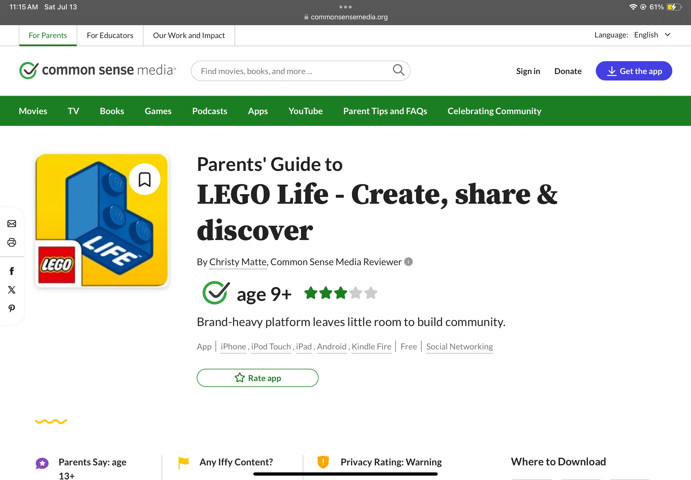 Rating Common Sense Media’s rating of LEGO Life! | Fandom