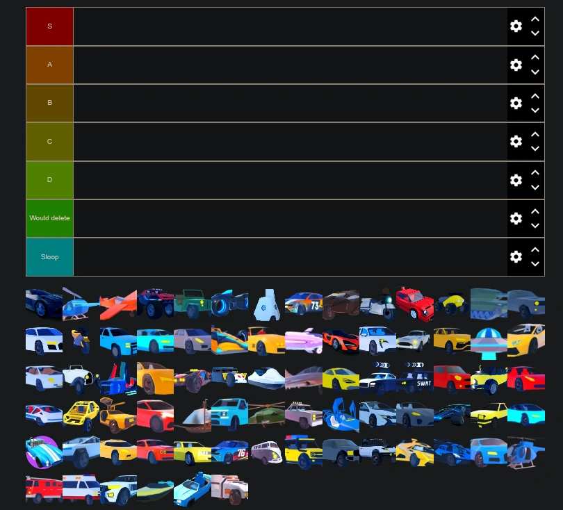 Lmk what vehicles I need to place in each tier