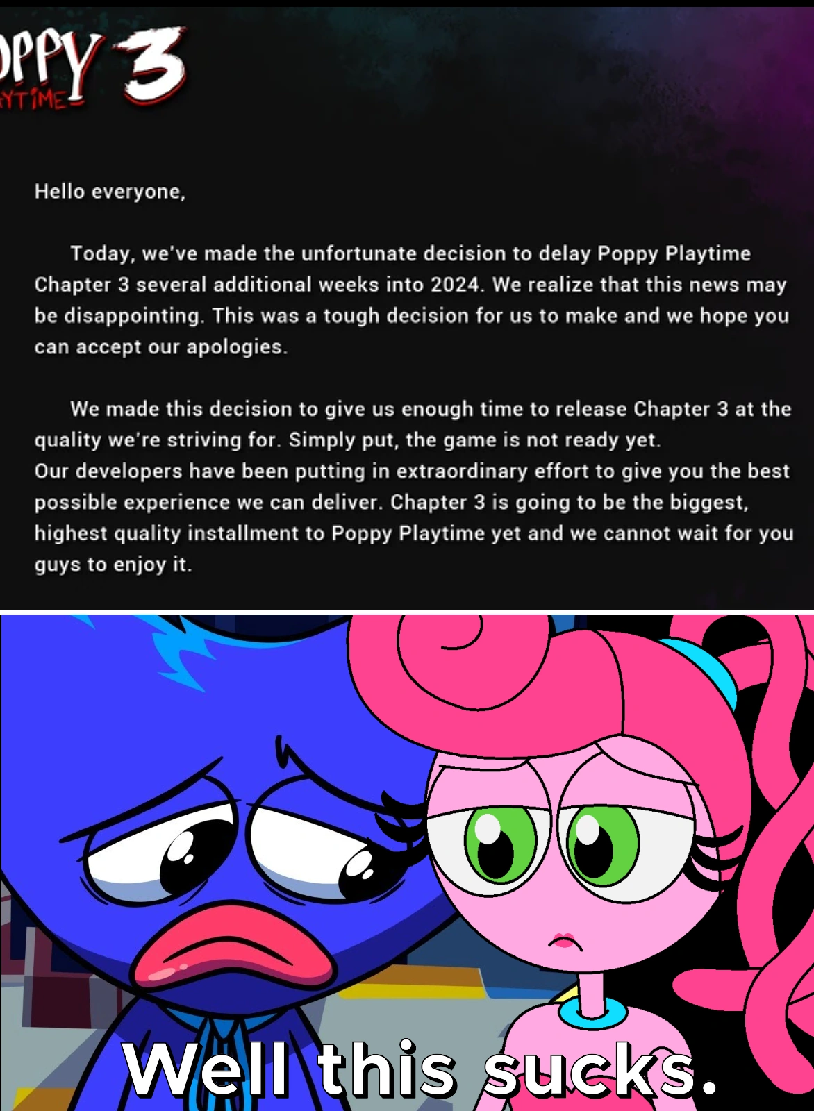 Huggy Wuggy and Mommy Long Leg's Reaction to Chapter 3 being delayed. | Fandom