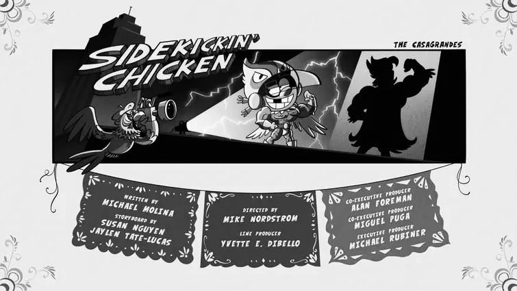 Sidekickin chicken title card in black and white style | Fandom
