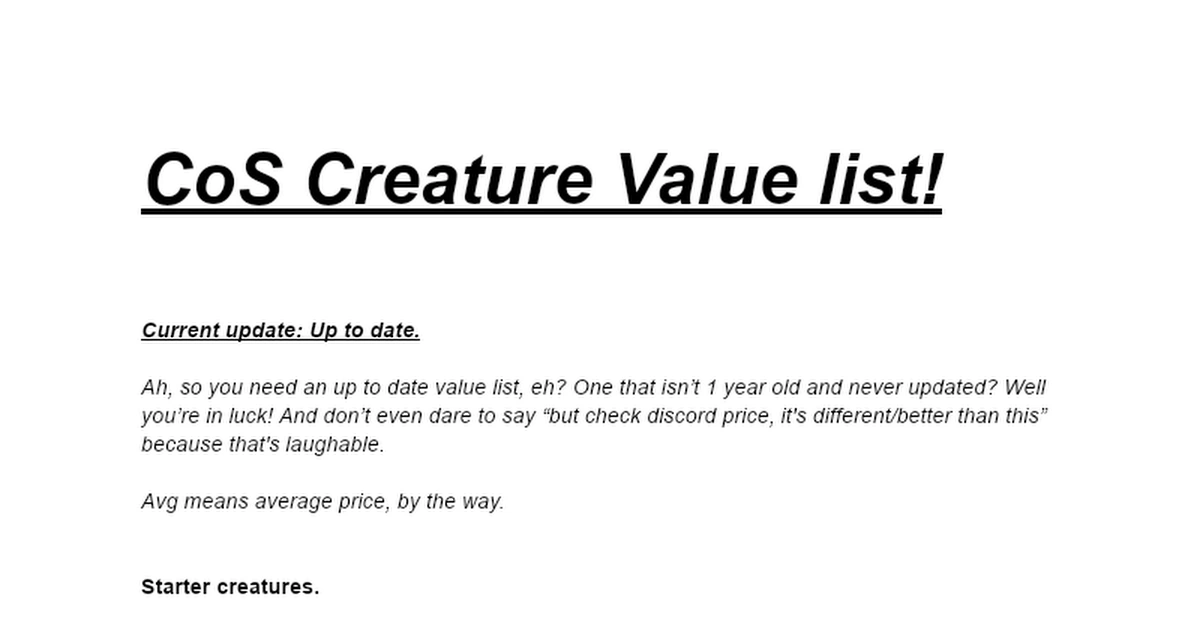 im bored so uh im literally making a value list for creatures (these ...