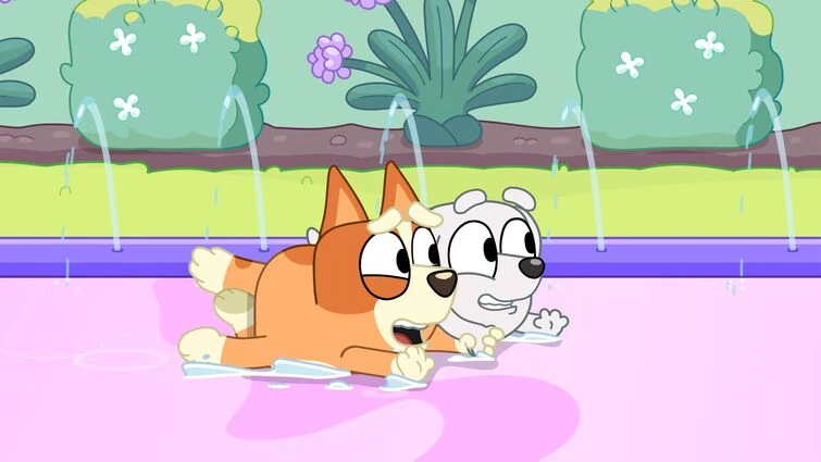 The last one is coming! Bingo and Lila are playing on the water slide ...