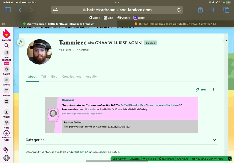 I added a banned template for user Tammieee | Fandom