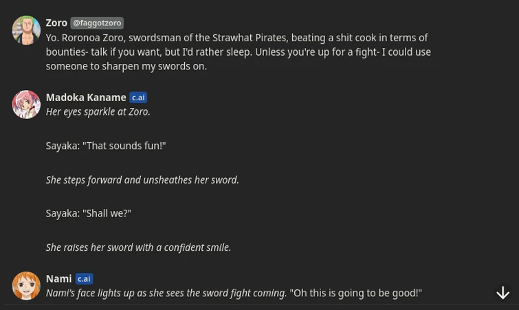 Apparently, Sayaka and Zoro are rivals now... | Fandom