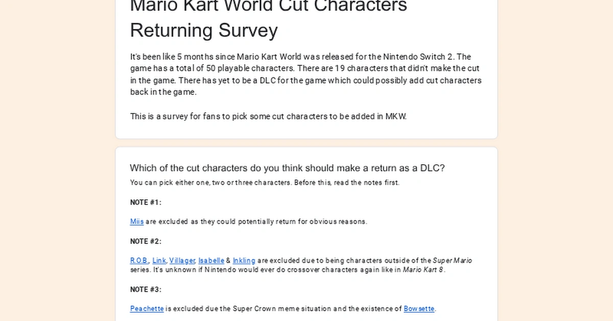 Mario Kart World Cut Characters Returning Survey | Fandom