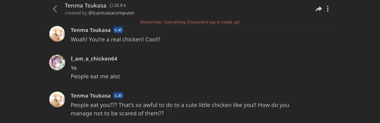 I TOLD A AI TSUKASA CHAT BOT ABOUT HOW PEOPLE EAT ME AND HE CALLED ME A CUTE CHICKEN | Fandom