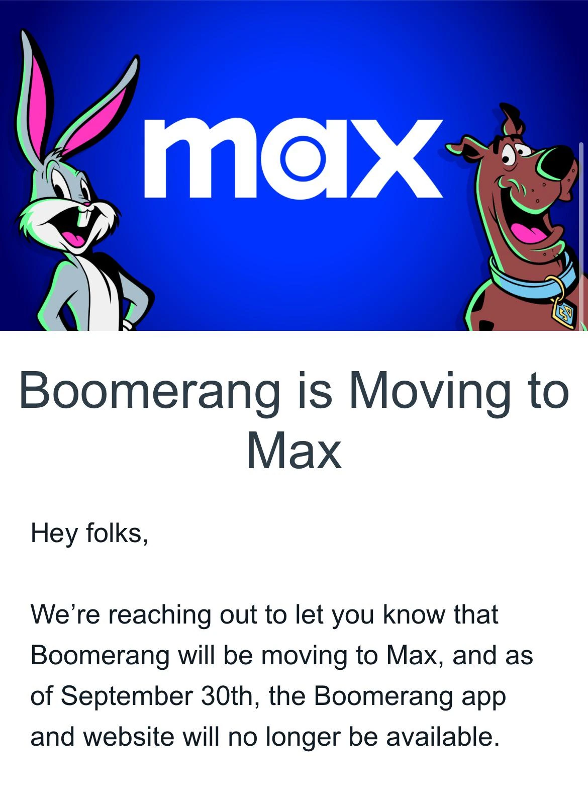 WBD IS SHUTTING DOWN BOOMERANG STREAMING PLATFORM ON SEPTEMBER 30TH AND MERGING IT WITH MAX ...