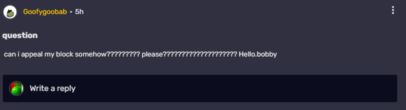 goobab wants to appeal for his block | Fandom
