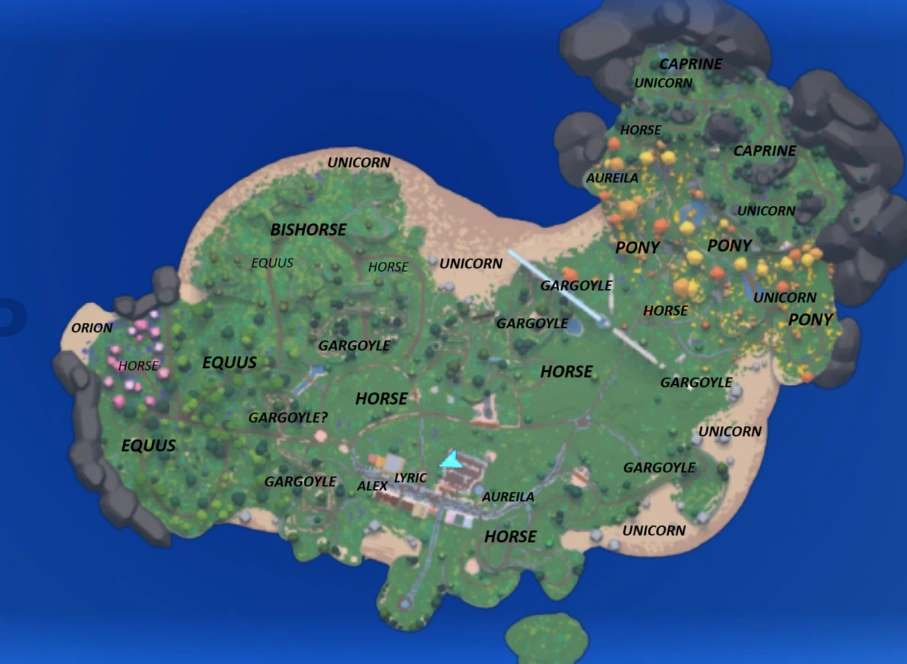 heres a pretty BAD map of where the horses spawn, pegasus spawn ...