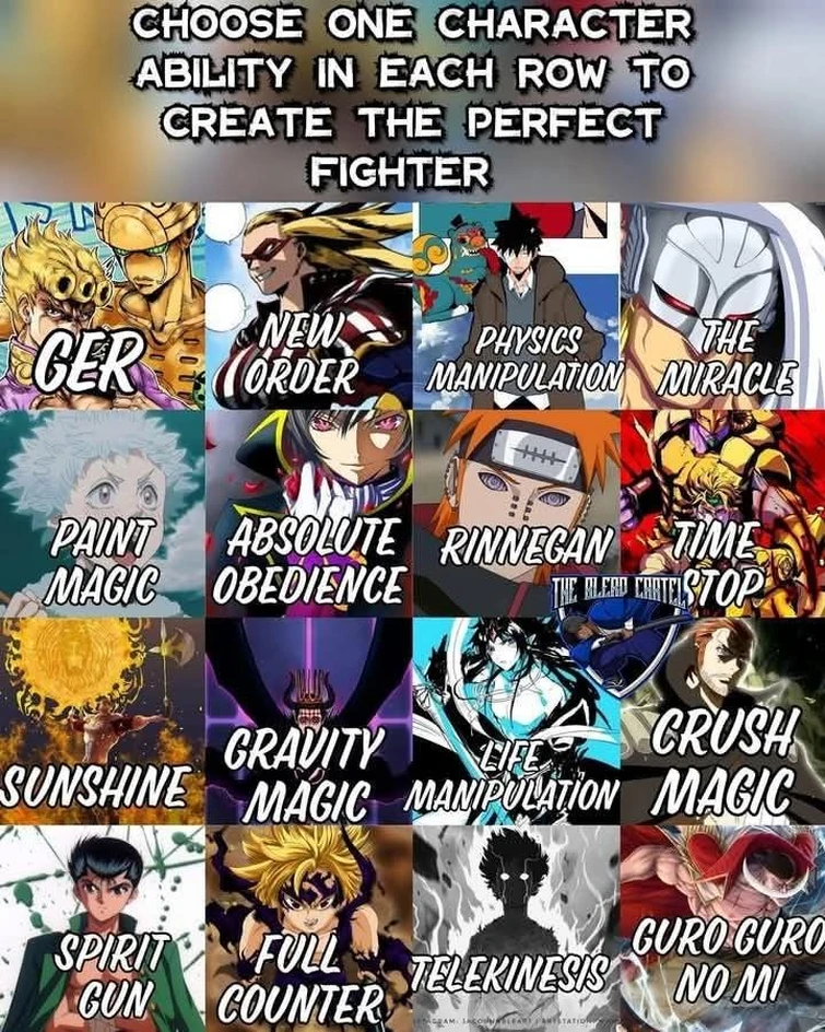 Choose one character skill in each row to create the perfect fighter ...