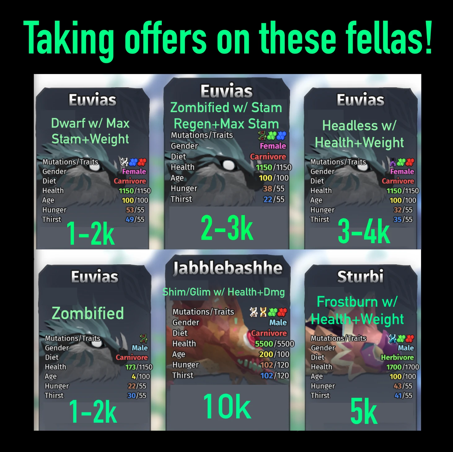 Taking offers on Zombie / Shim/Glim / Headless Mut specs. | Fandom