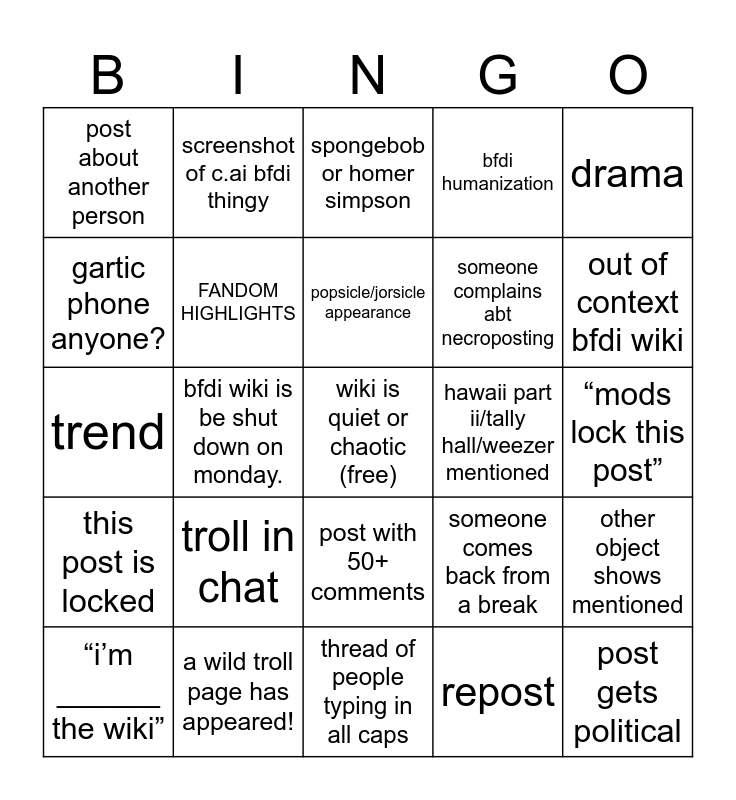 what should i put on the bfdi wiki bingo | Fandom