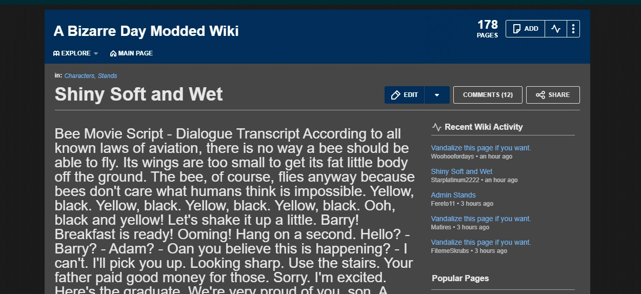Someone just put the Bee Movie script on a ABDM wiki page | Fandom