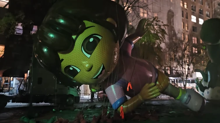 The parade balloons are fully inflated and sleeping before the parade ...