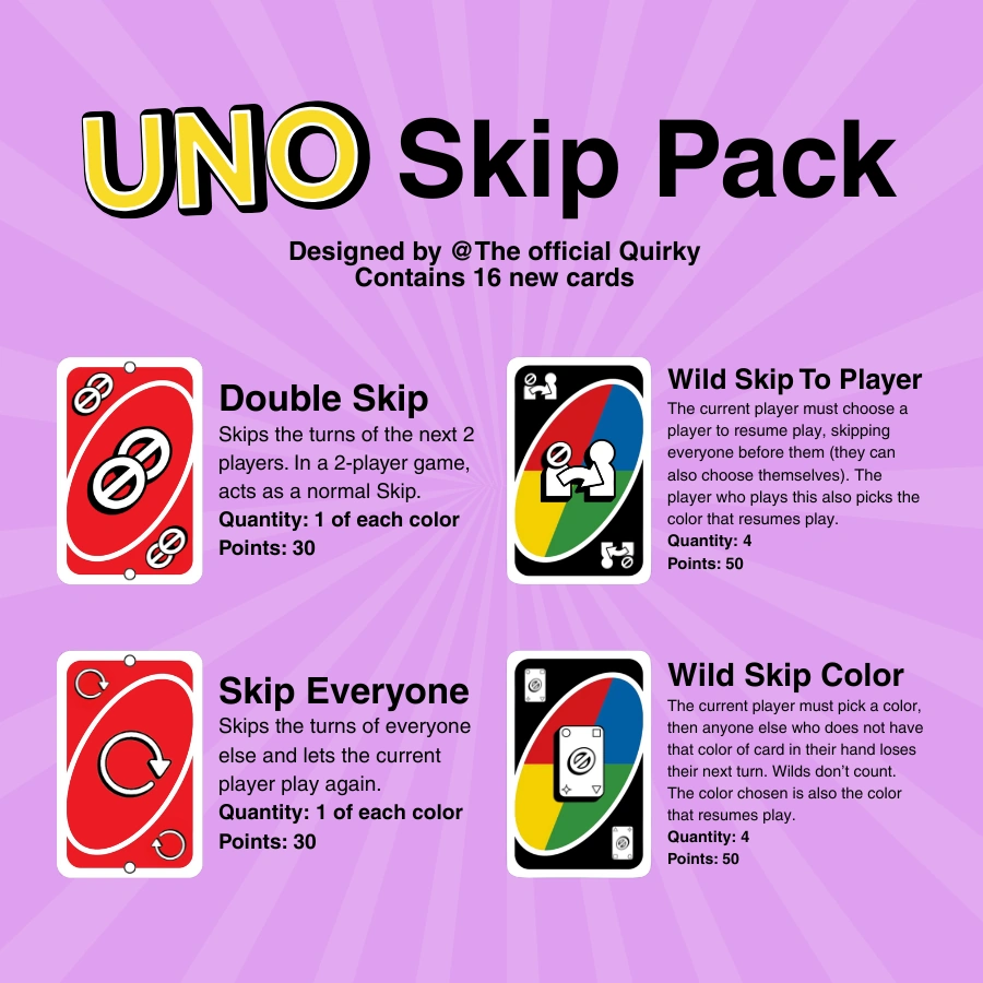 I tried designing my own UNO add-on pack cards, here's what I came up ...