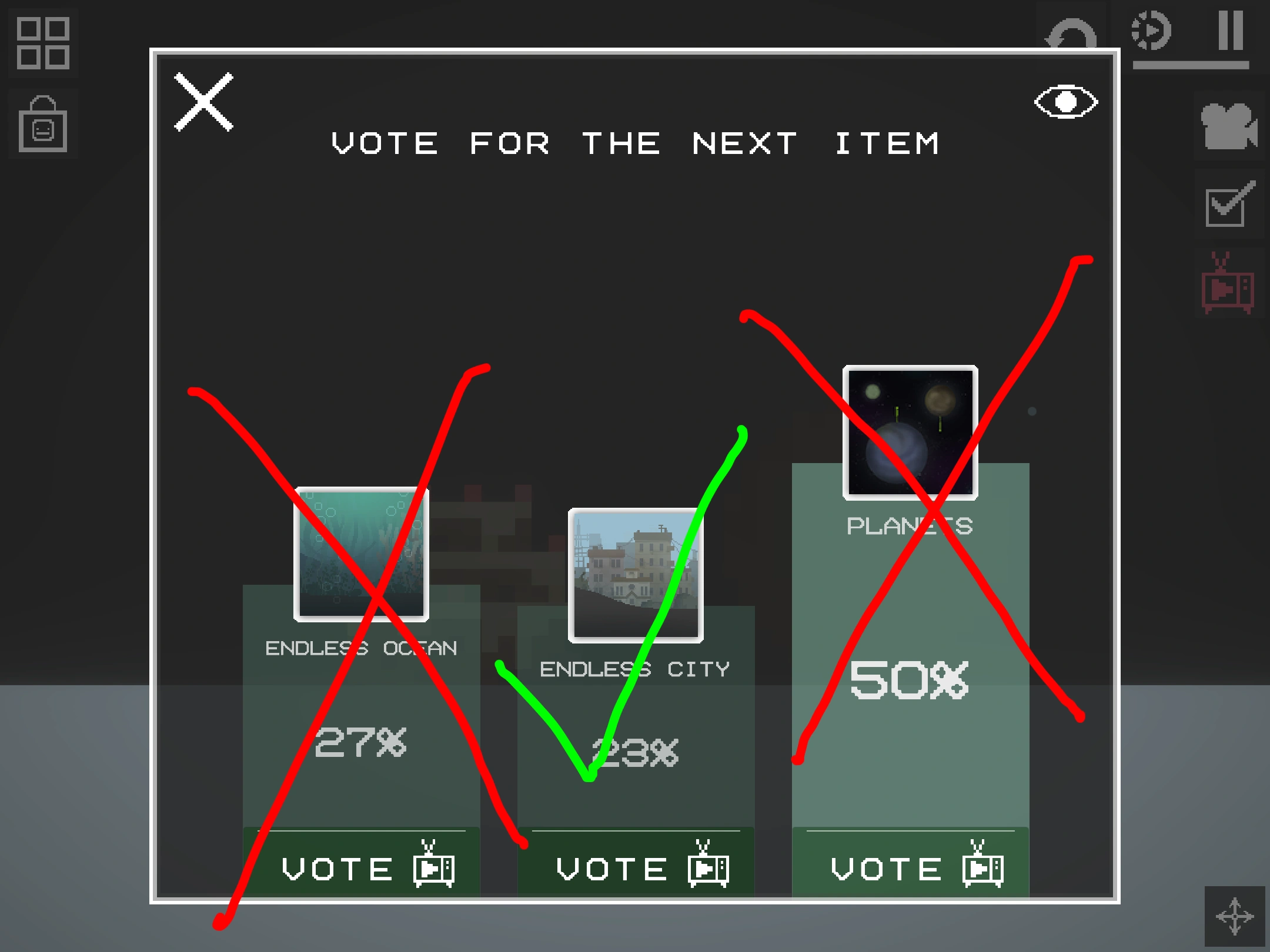 Everyone vote for the endless city and don’t vote for planets and ...