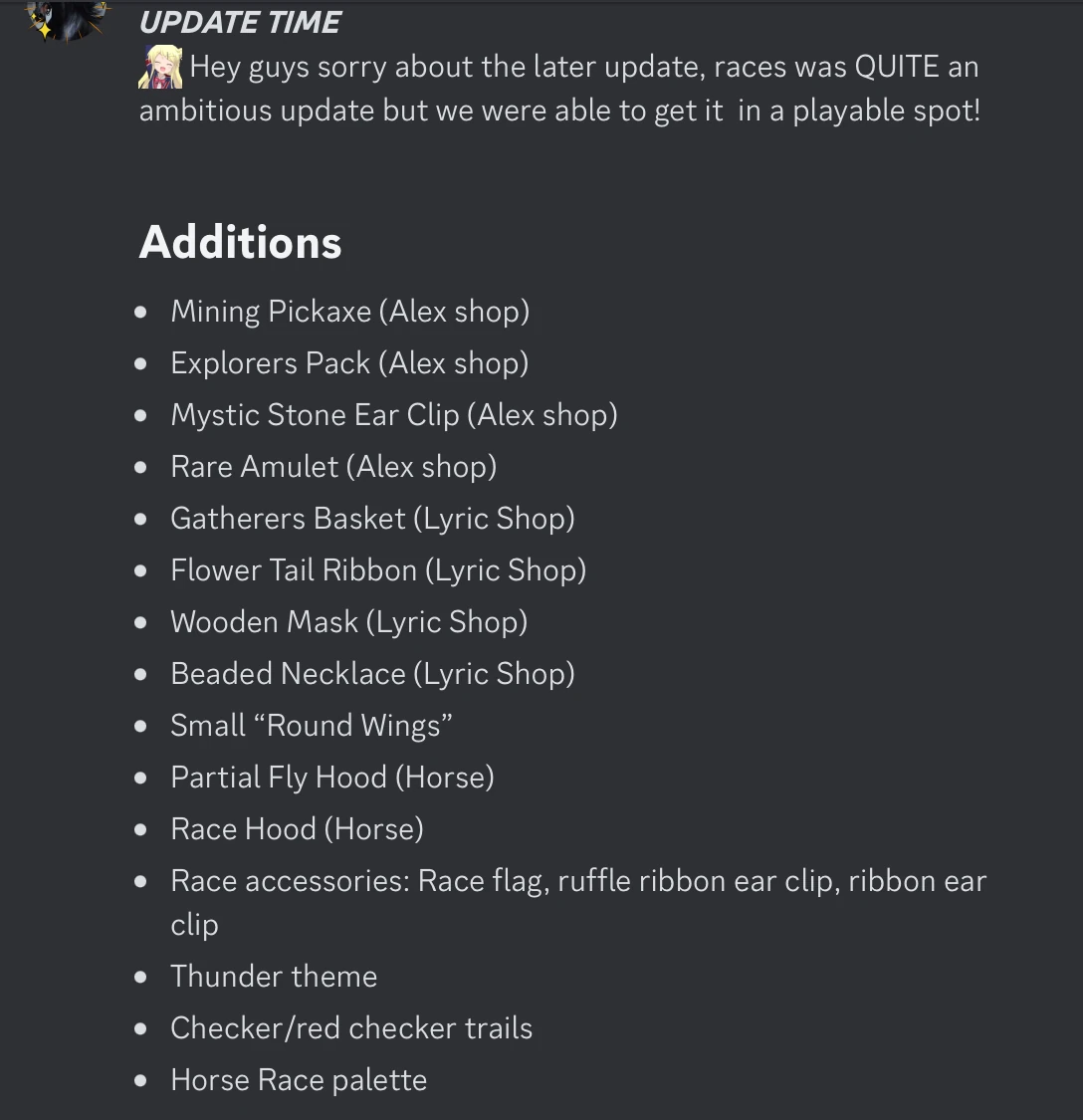 Discord Update Log (7/20/2024) Races, NPC Shop Items, Accessories, NPC ...