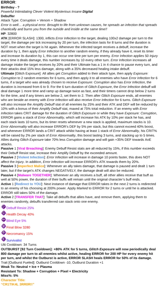[OFF-TOPIC] Character Overview: ERROR | Turnium / Turn Based Game | Fandom