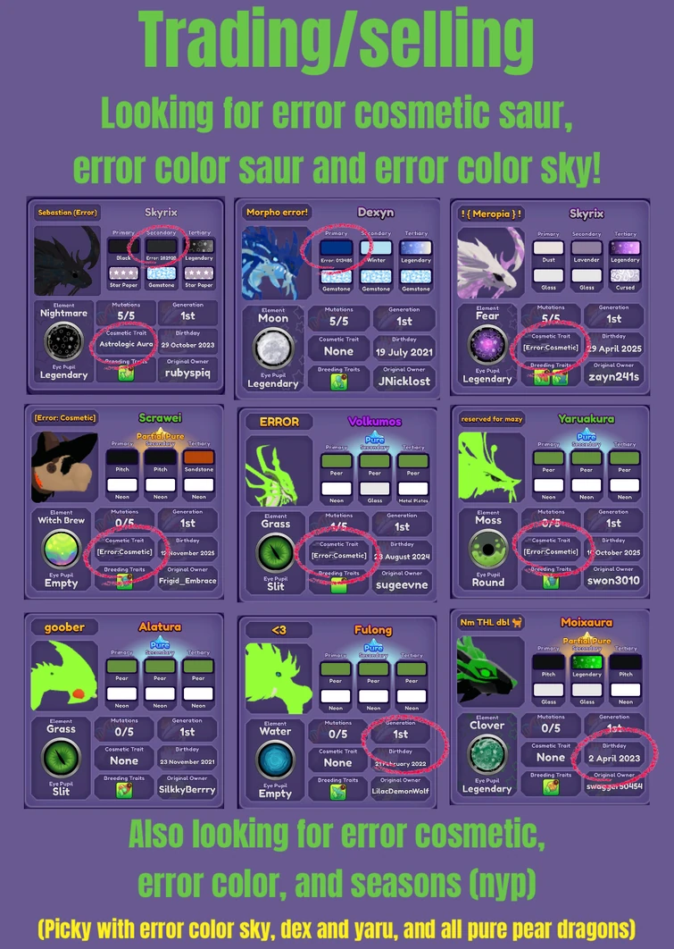 Trading/selling also looking for error saur | Fandom