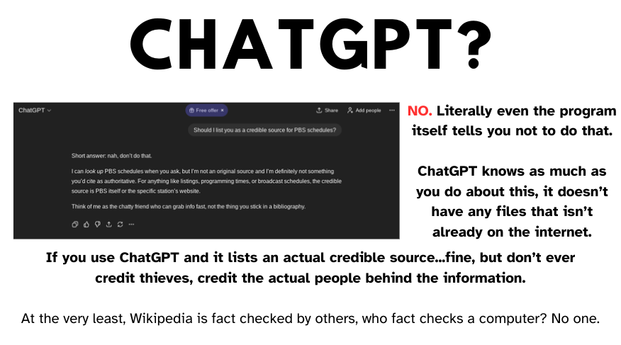 No, you absolutely CAN NOT use ChatGPT as a source. | Fandom