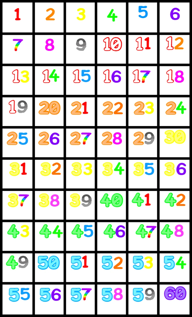 Numbers 1 to 60, but the colors correspond to the Numberblocks's colors ...