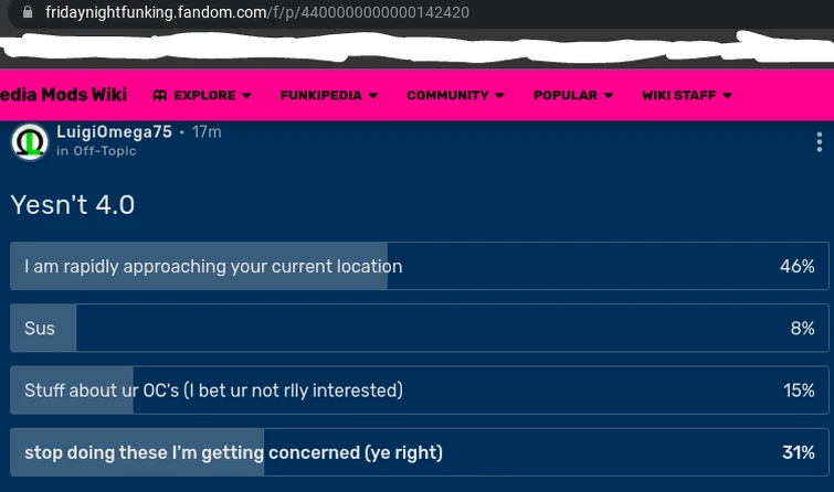 I just noticed that the link for the "Yesn't 4.0" poll ends with 420 | Fandom