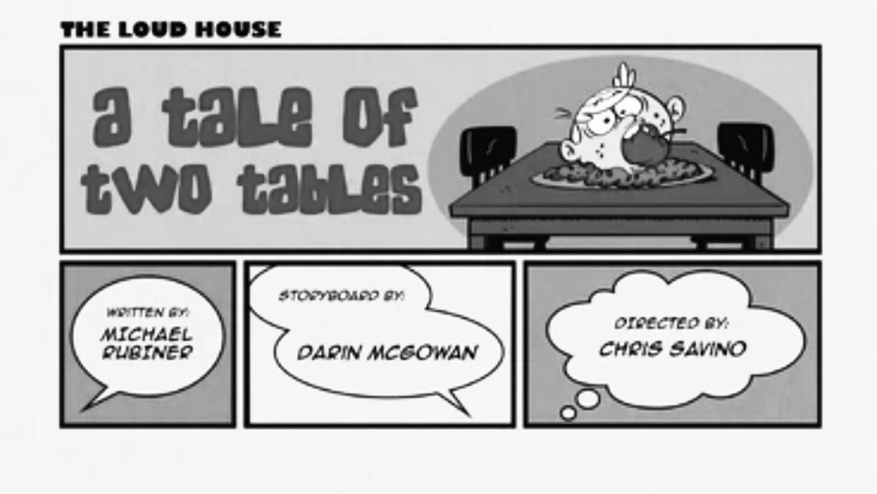 A tale of two tables title card in black and white style | Fandom