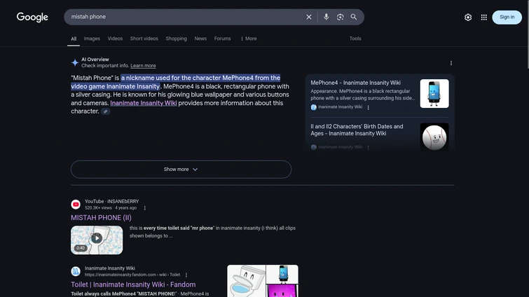 Bruh. I just looked up Mistah Phone and got this dumb ahh google ai response. | Fandom