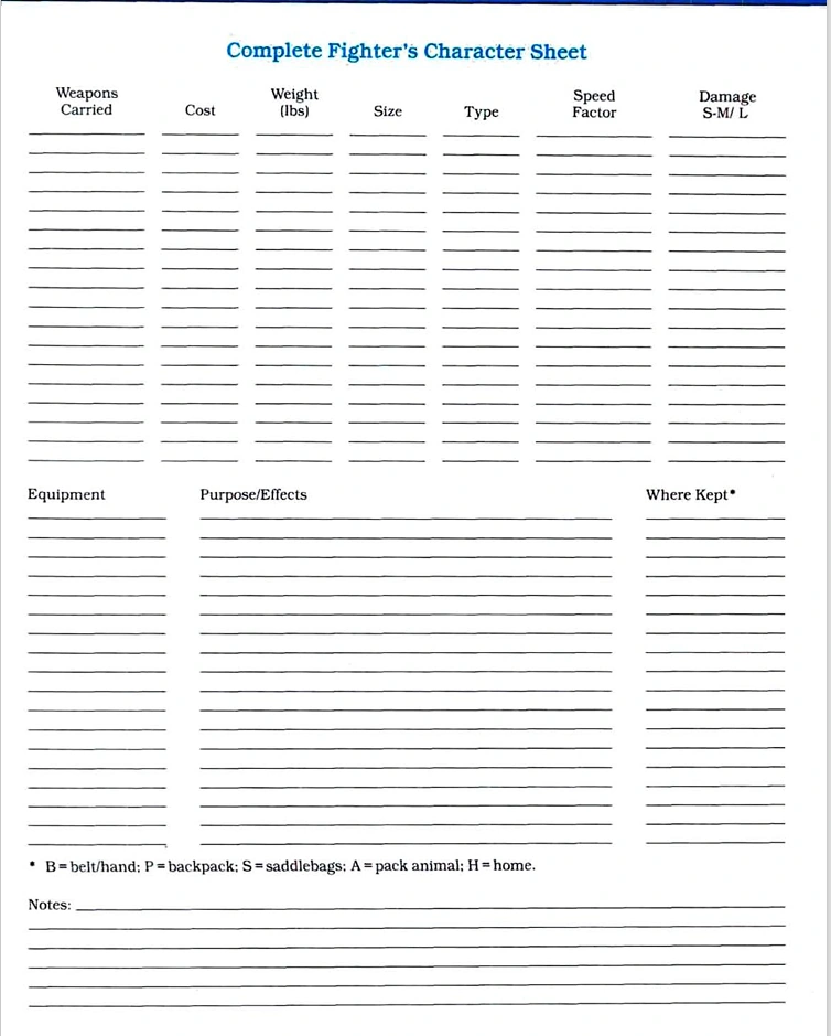 Complete Fighter's Character Sheet | 2e D&D Wiki | Fandom