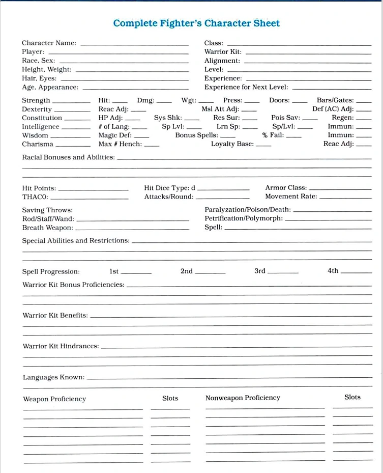 Complete Fighter's Character Sheet | 2e D&D Wiki | Fandom