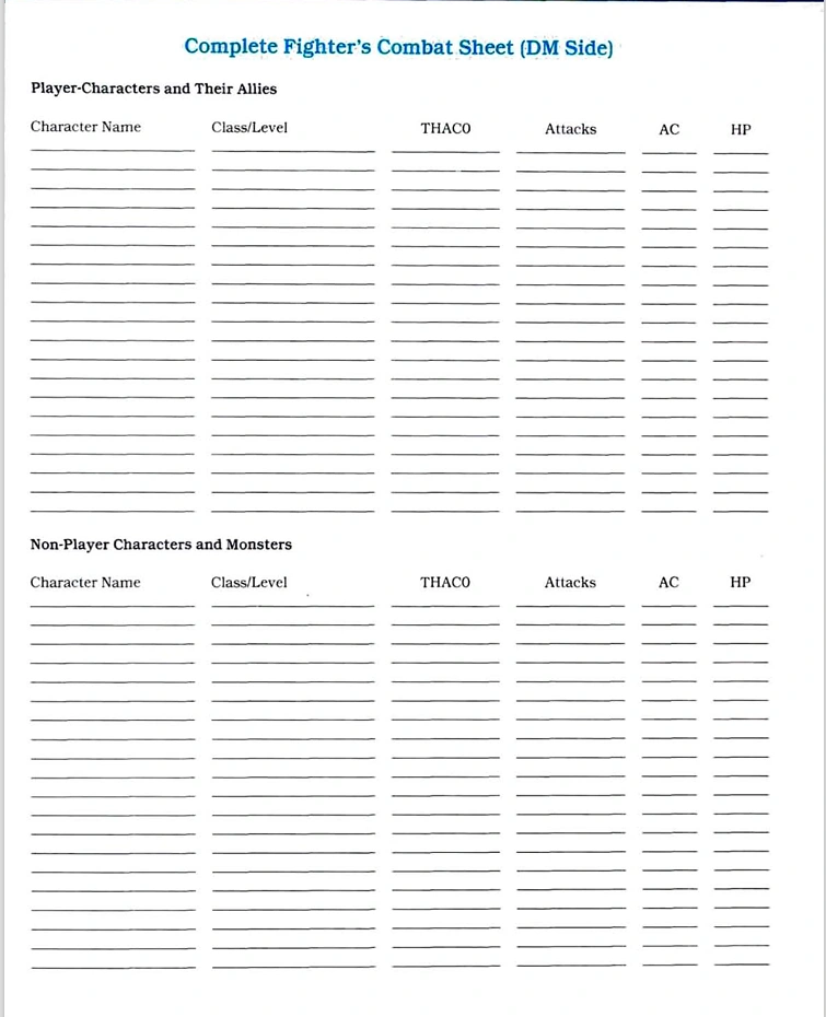 Complete Fighter's Combat Sheet (DM) | 2e D&D Wiki | Fandom