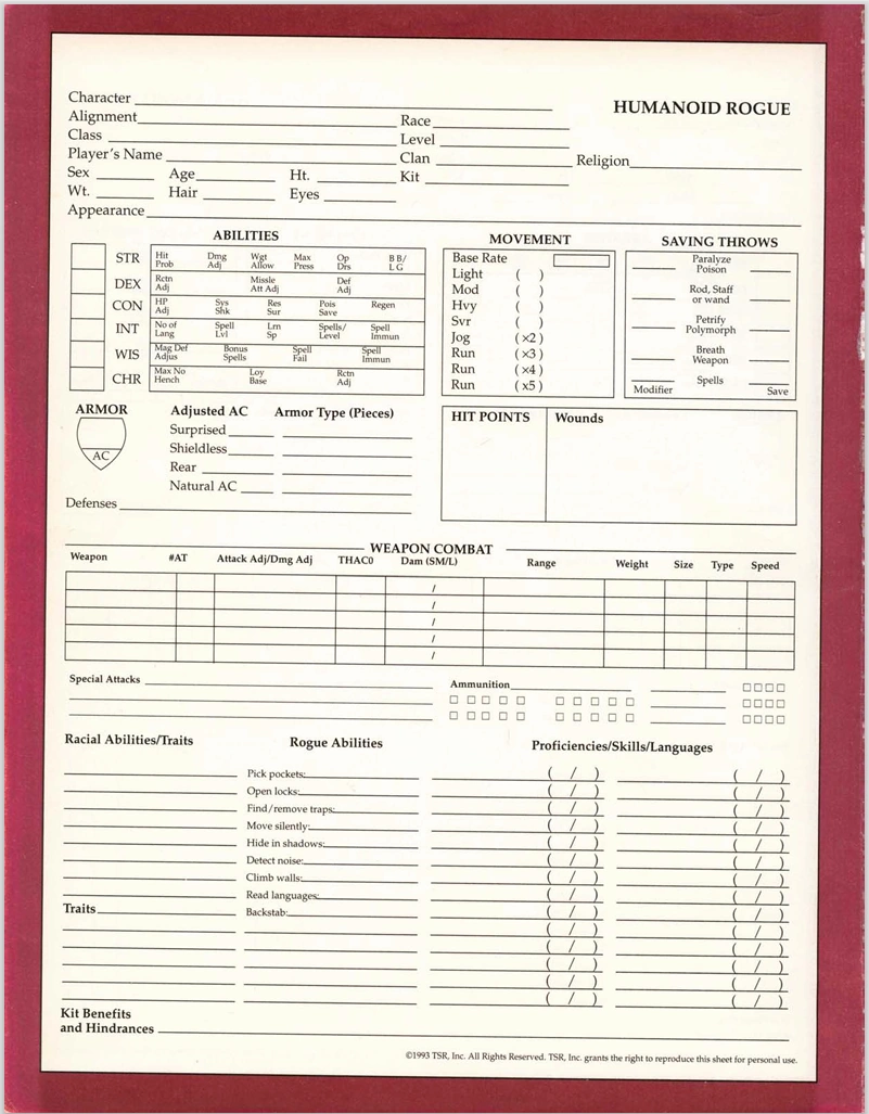 Humanoid Rogue Character Sheet | 2e D&D Wiki | Fandom