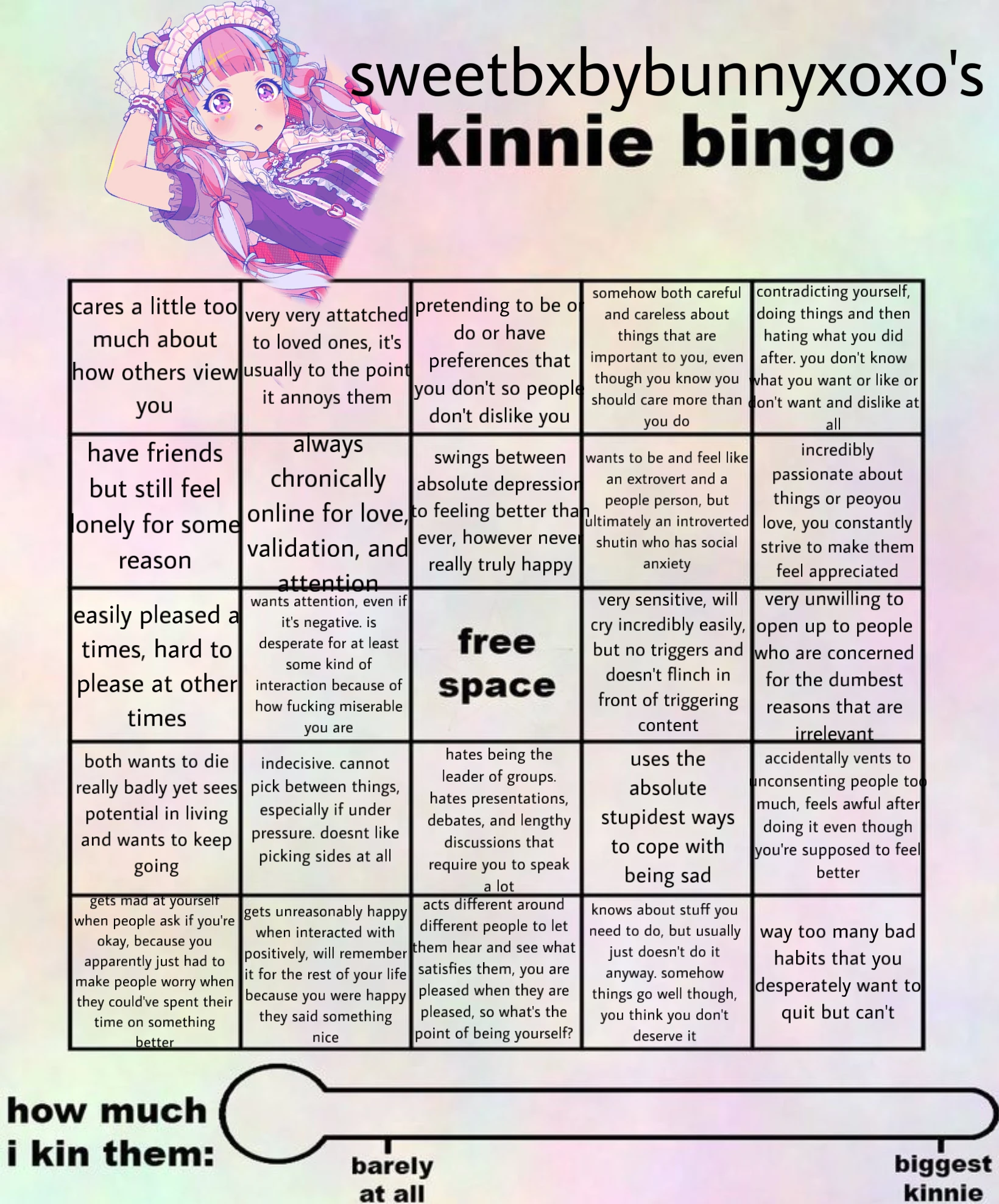 kinnie bingo that i remade yet again but it focuses on my personality ...