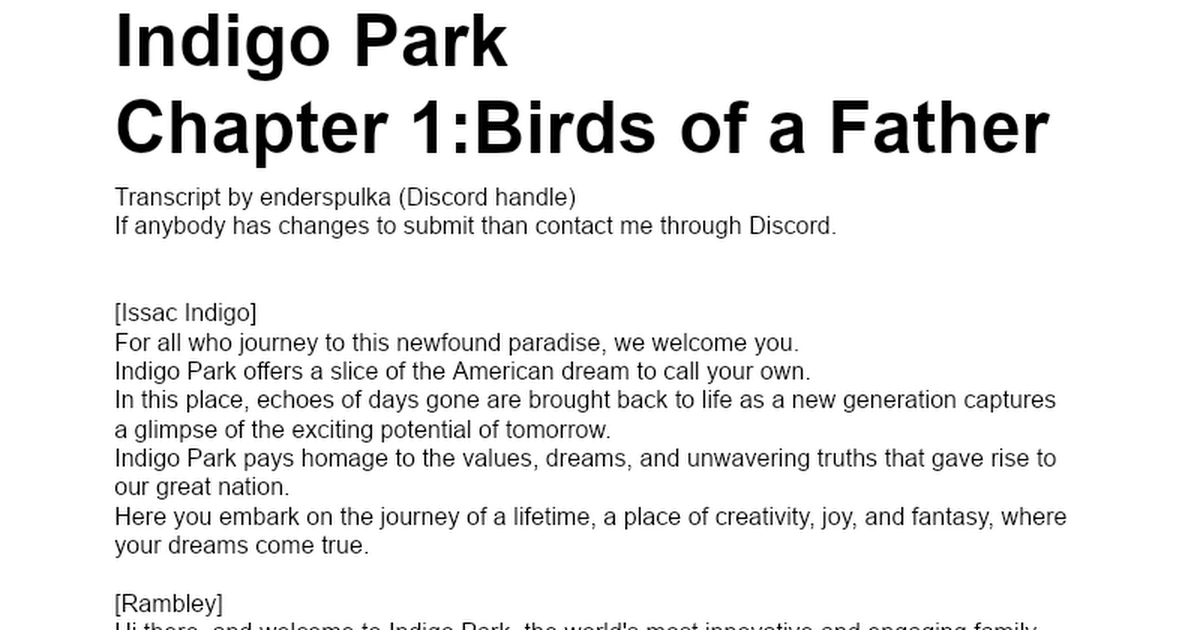 Indigo Park Chapter 1:Birds of a Father Transcript | Fandom