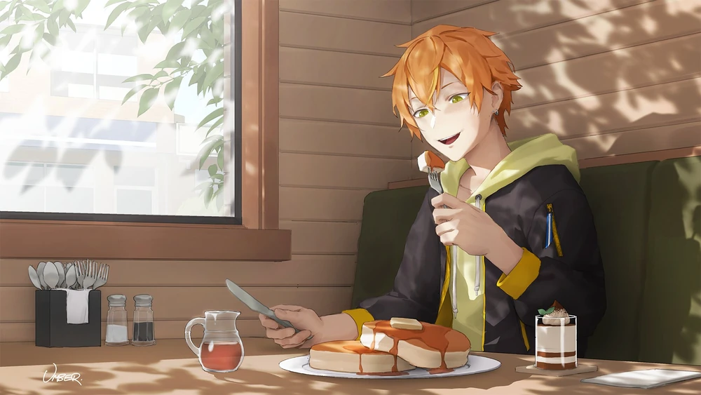 Akito eating pancakes in some weird cabin thing on a green couch with ...