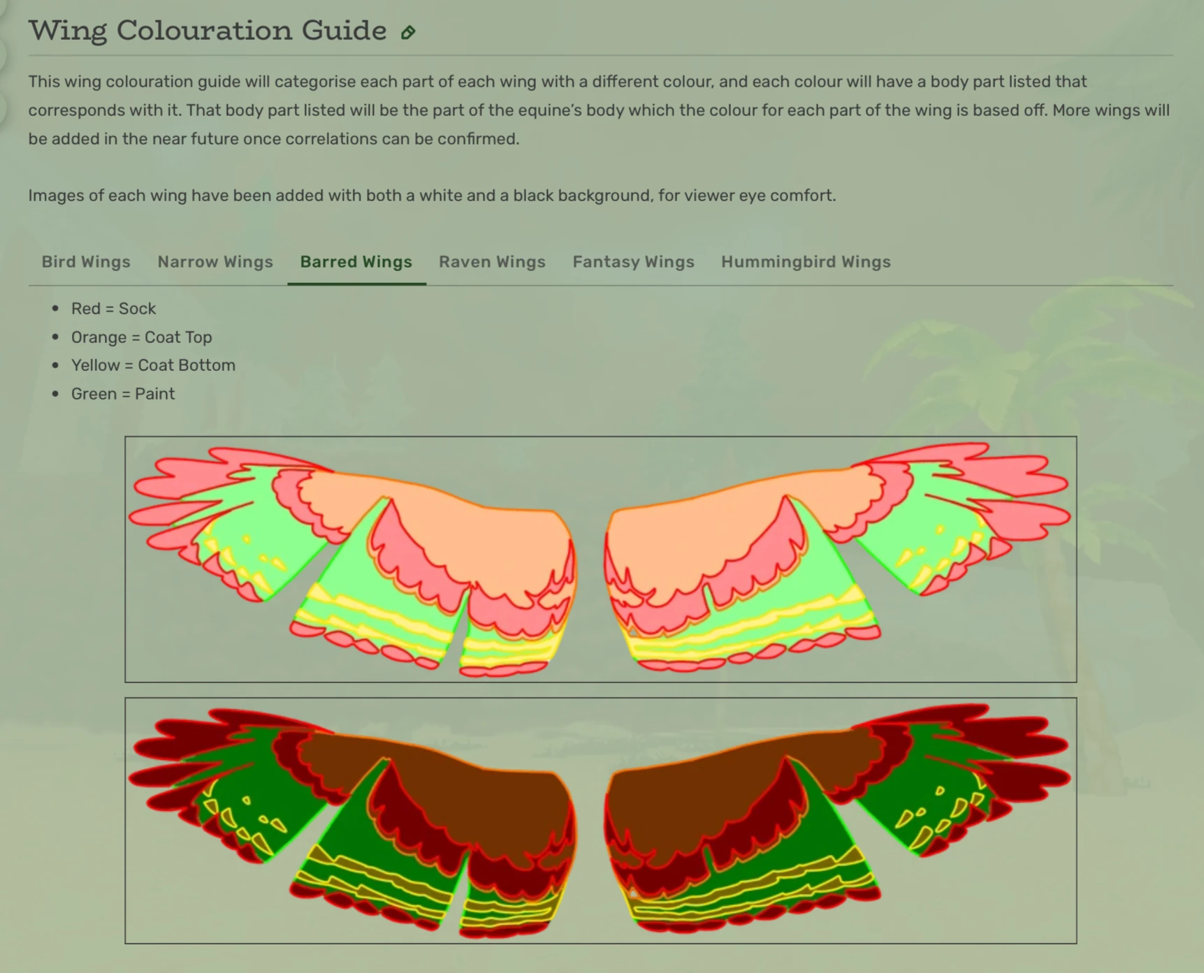 Starting to drop some wing colouration guides on the wing page! More ...