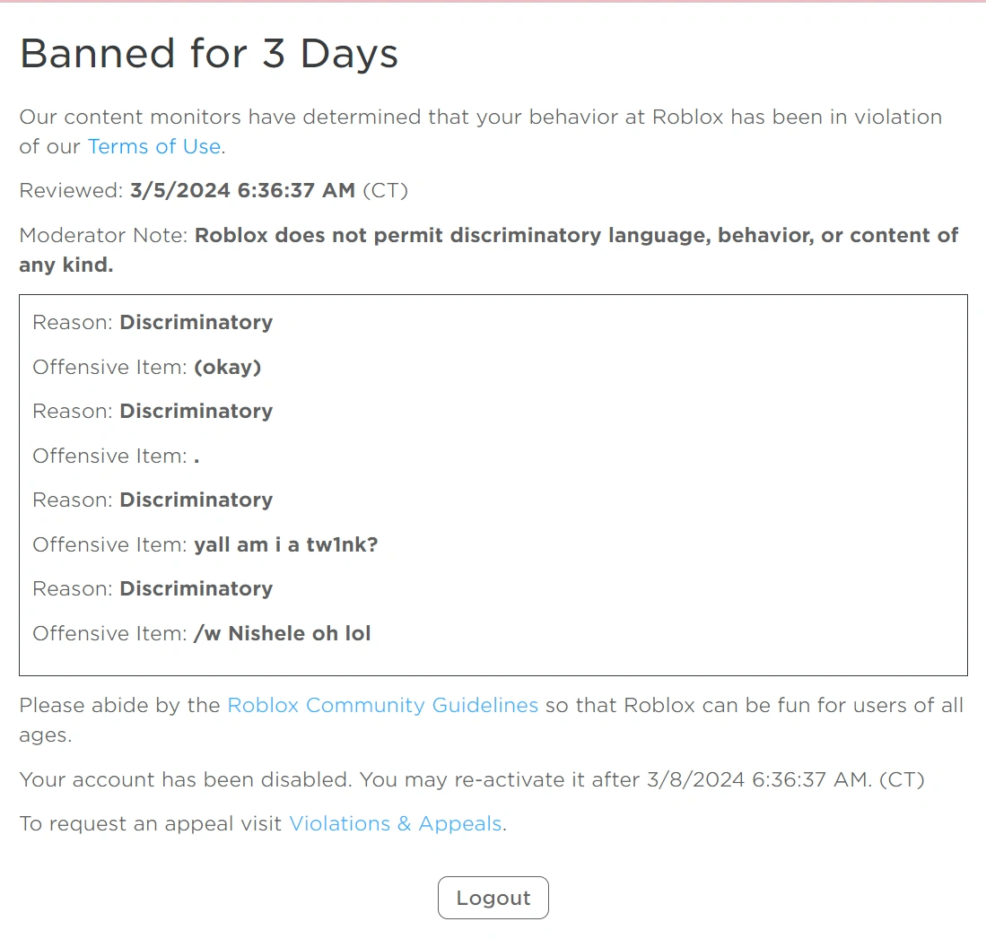 recent ban on roblox | Fandom