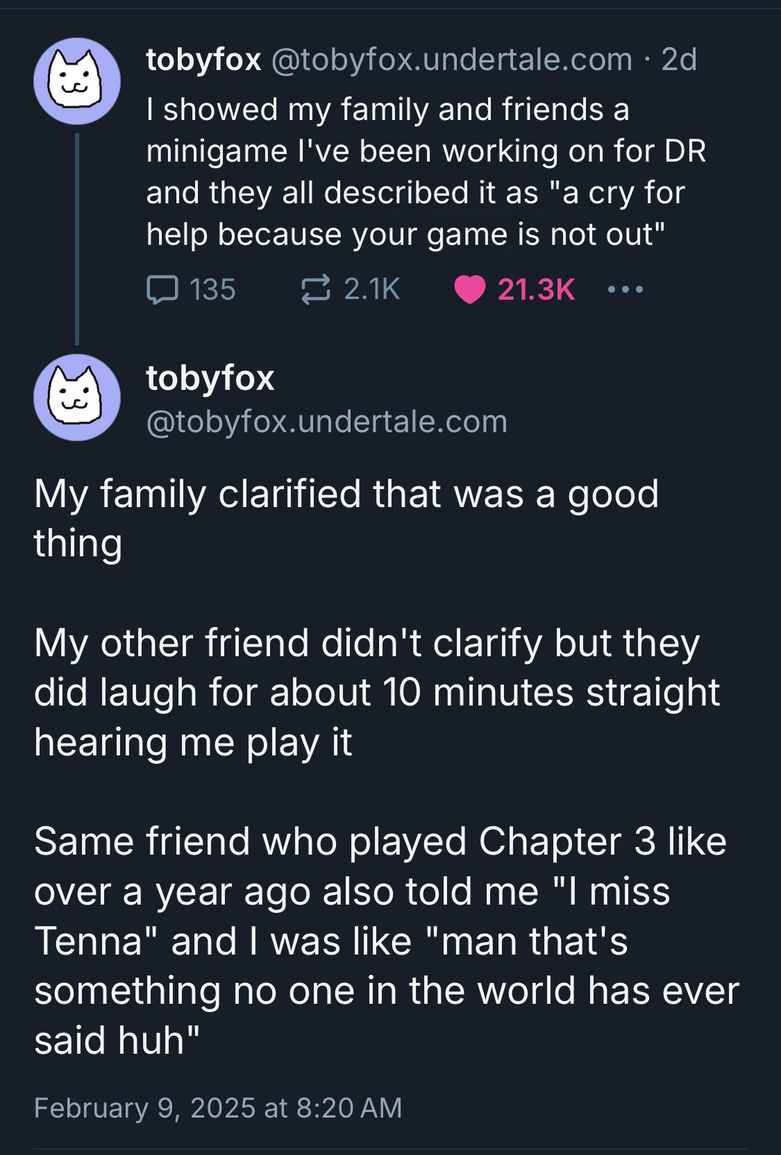 Toby Fox bluesky post mentioning Tenna in case you didn’t see it | Fandom
