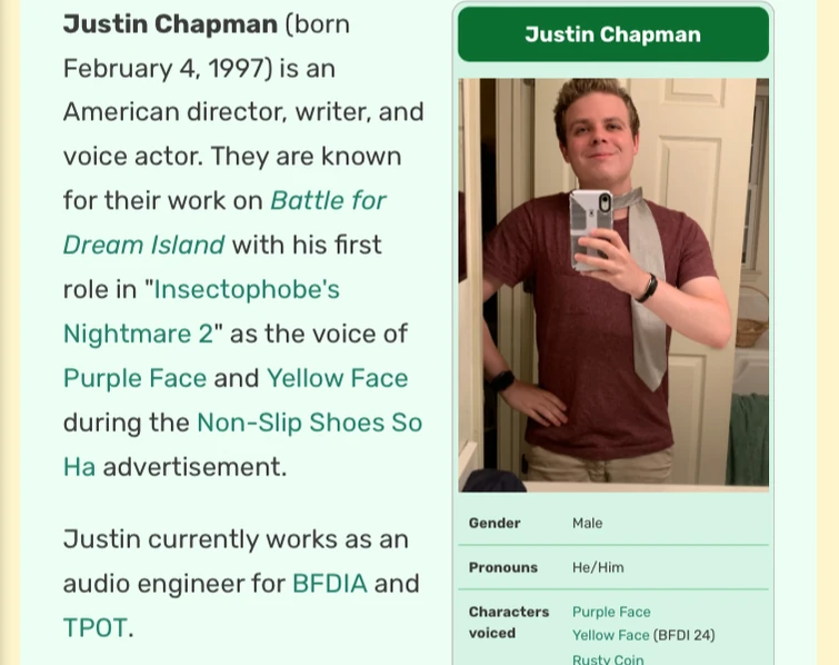 Justin Chapman's page has been outdated for over a year | Fandom