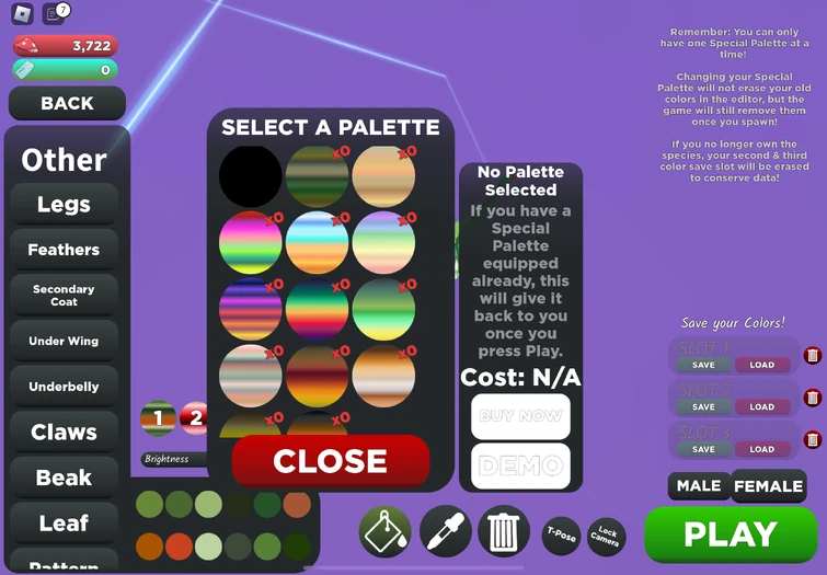 I need a image of the creature customization + palettes and materials ...