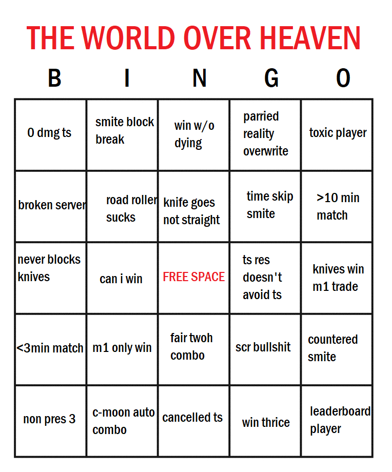 The World Over Heaven bingo. | Fandom